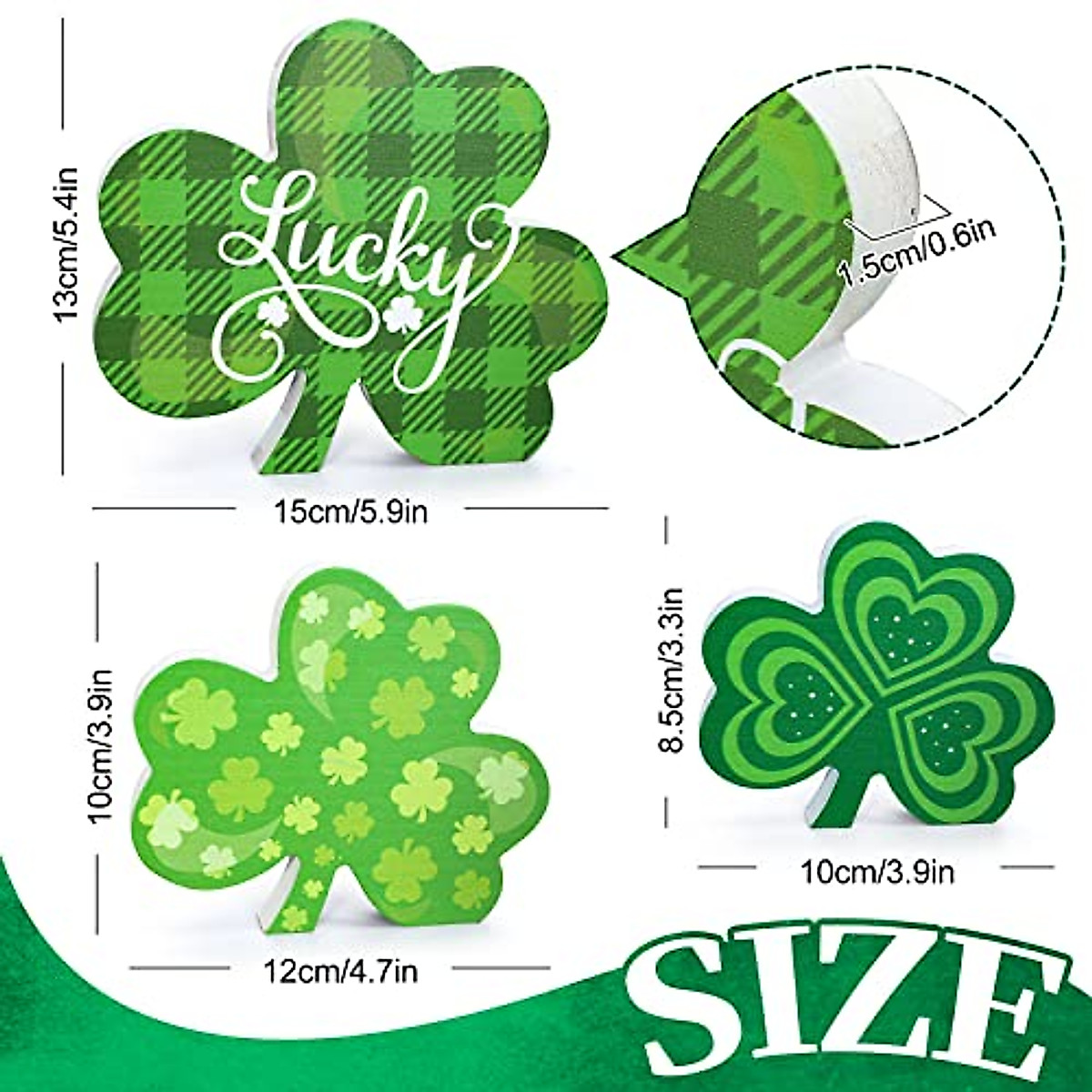 Whaline 3Pcs St. Patrick's Day Wooden Signs Green Plaid Shamrock Table Ornament Lucky Clover Double-Side Print Table Centerpieces Irish Holiday Table Centerpieces for Home Fireplace Tiered Tray Decor