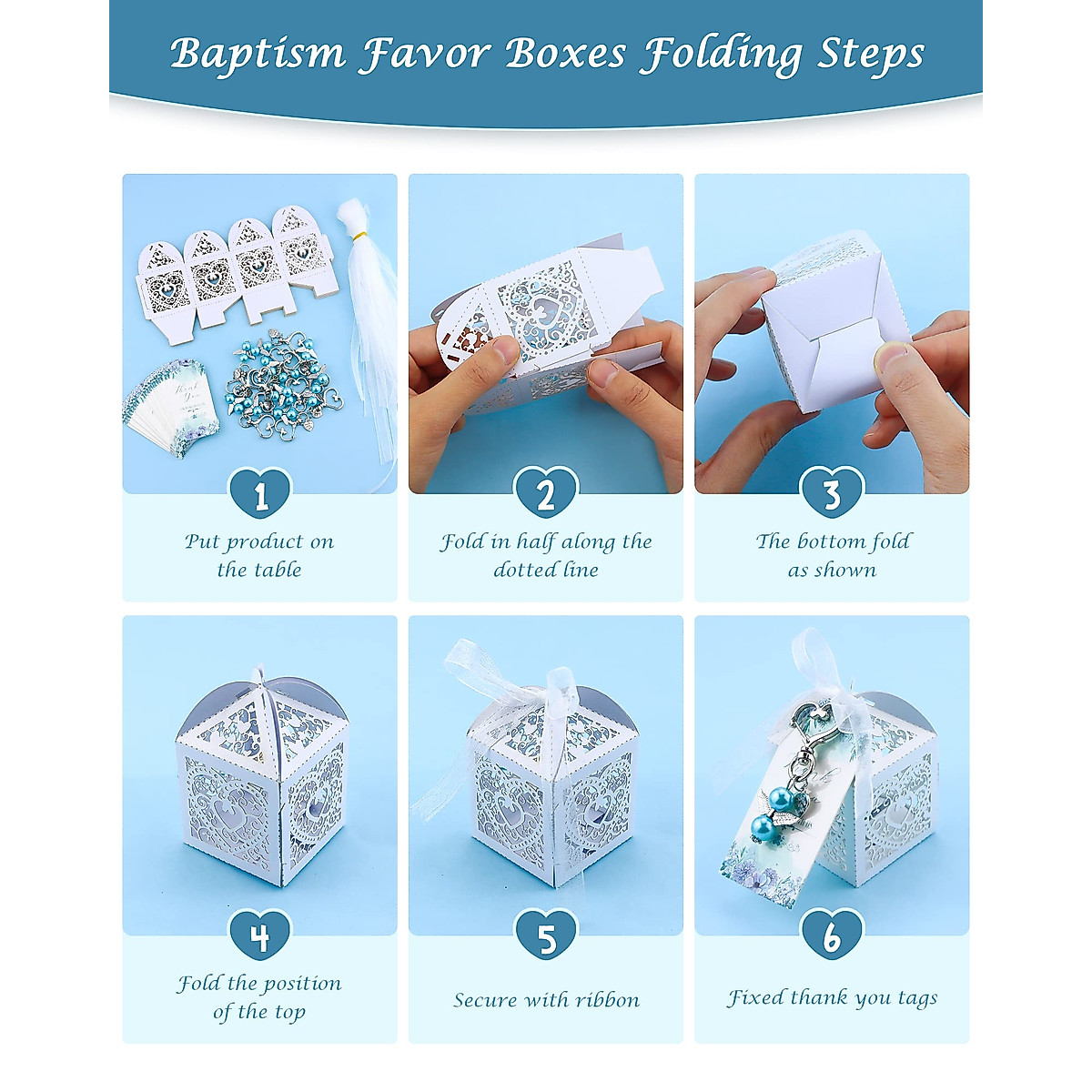 YETOOME 100 Pcs Baby Shower Favors for Boys, Angel Keychains Favor Baptism Favor Boxes White Organza Bags with Drawstring Thank You Tags for Baby Shower Baptism Party Gift, 25 Sets (Blue)