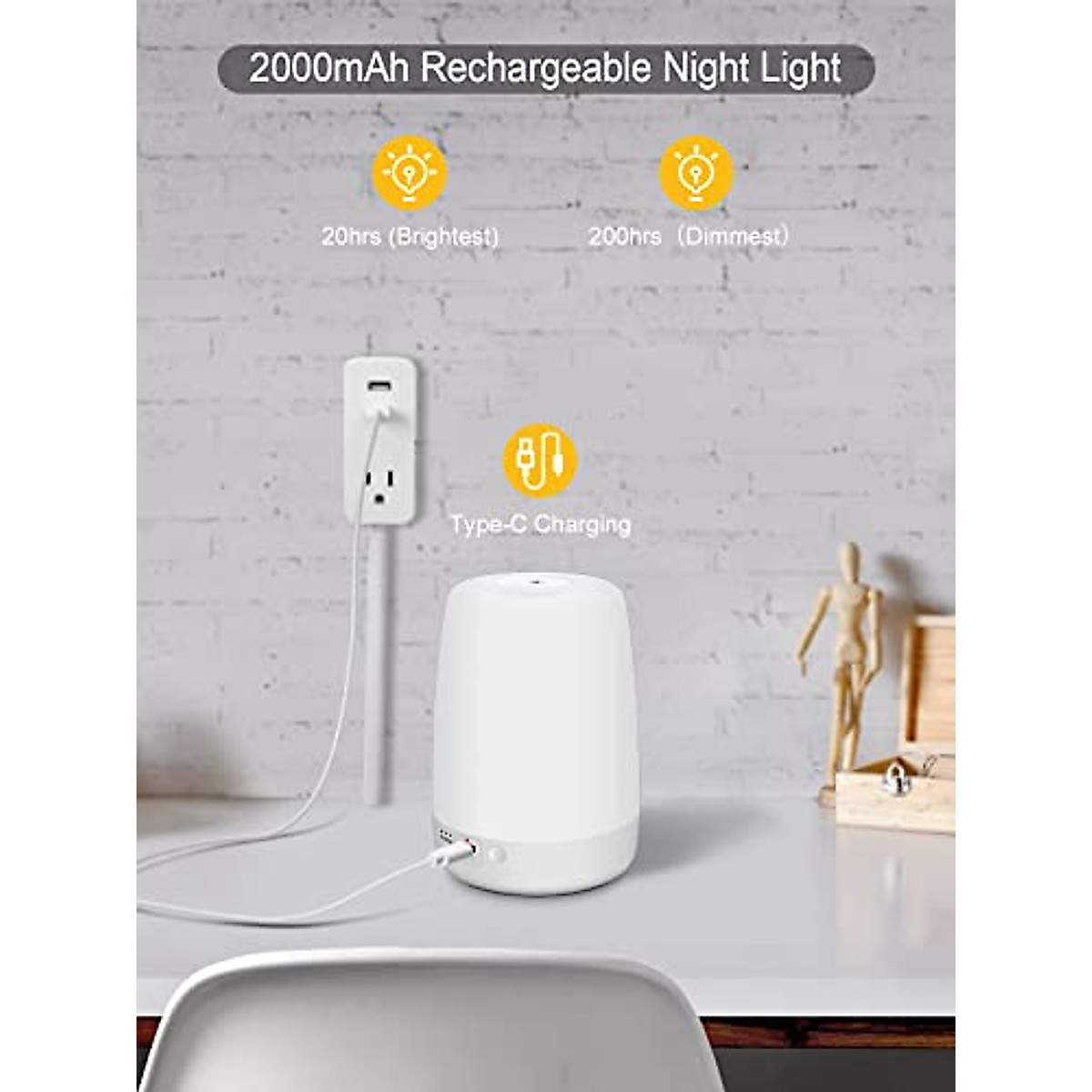 YYDSKIT Night Light for Kids Baby Nursery 200hrs Rechargeable Touch 3Dimming 5Color Changing Lamp 3Timers Portable