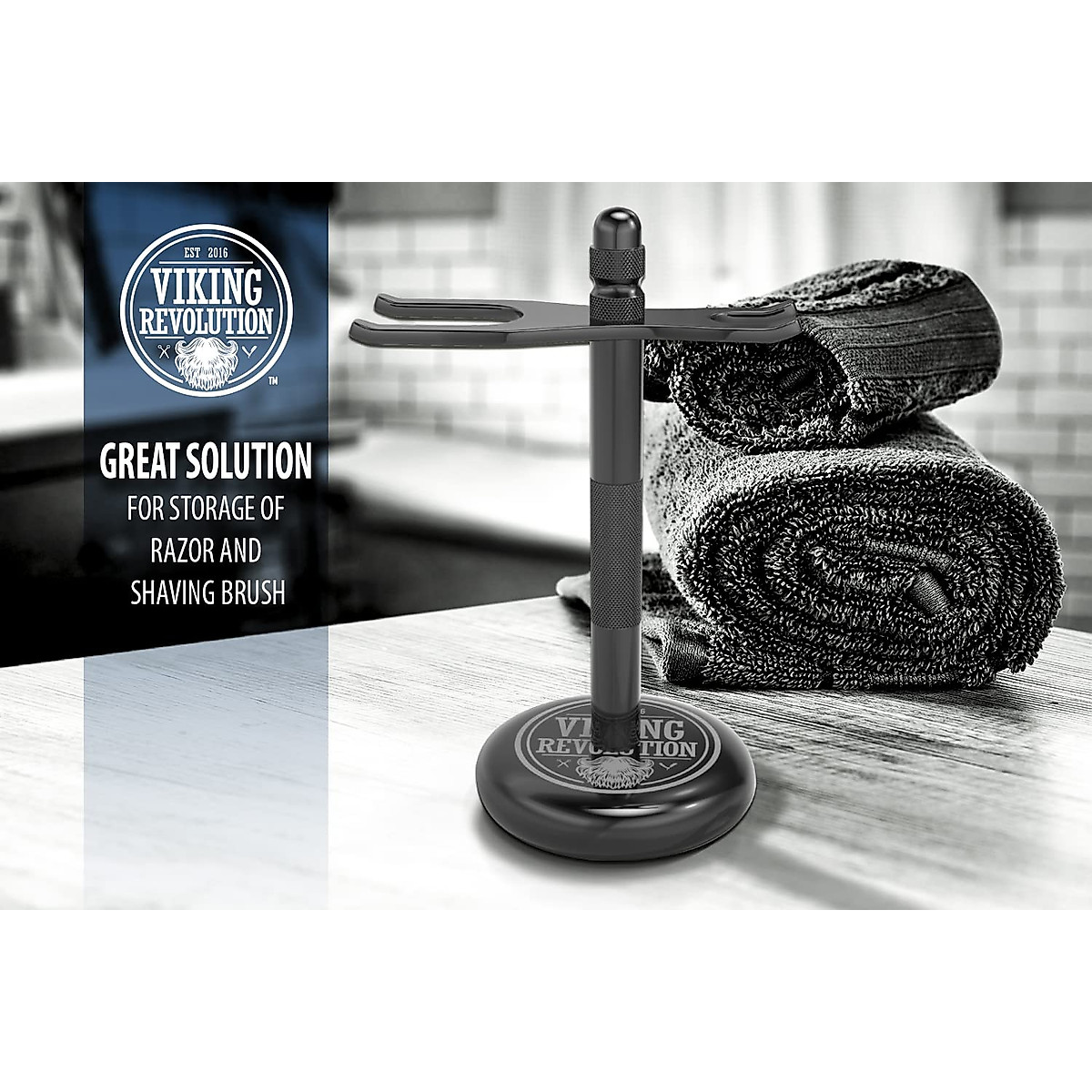 Viking Revolution Black Safety Razor Stand - Razor Holder and Shaving Brush Stand to Prolong the Life of Your Razor - Weighted Bottom for Extra Stability