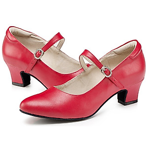 Honeystore Women's Synthetic Leather Metal Buckle Mary Jean Dance Shoes Closed-Toe Red 7 B(M) US