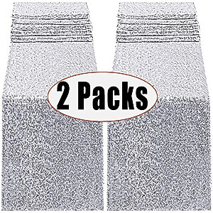 FECEDY 2 Packs 12 x 108inch Glitter Silver Sequin Table Runner for Birthday Wedding Engagement Bridal Shower Baby Shower Bachelorette Holiday Celebration Party Decorations