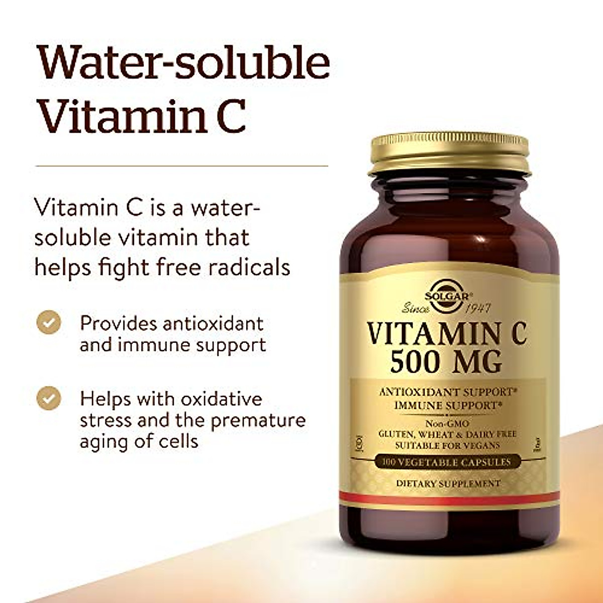 Solgar Vitamin C 500 mg, 100 Vegetable Capsules - Antioxidant & Immune Support - Overall Health - Supports Healthy Skin & Joints - Non GMO, Vegan, Gluten Free, Kosher - 100 Servings