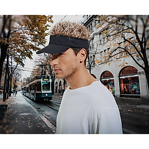 Novelty Visor Cap Adjustable Visor Hat with Spiked Wigs Fake Hair Visor for Adults (Canvas and Polyester, Black and Brown)