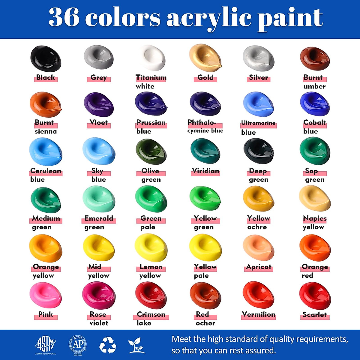 COLORFUL Acrylic Paint Set for Canvas Painting with 36 Colors (60ml, 2oz), 6 Brushes and 1 Palette - Permanent Art Craft Paints Gifts for Kids, Beginners, Adults & Artists - Non-Toxic Painting