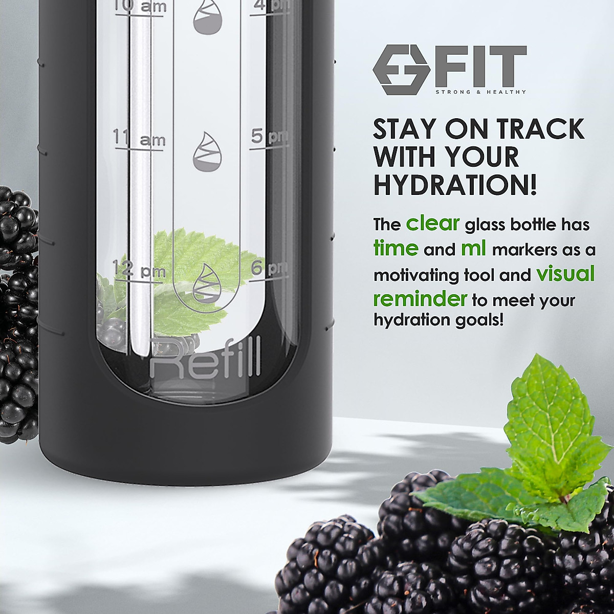 32 oz Glass Water Bottle with Straw Lid, Time Marker, Sleeve & Extra Lid - Motivational, Wide Mouth, Large BPA-Free 1 Liter Glass Water Bottle, Glass Drinking Bottle, Waterbottle (Black Sleeve)