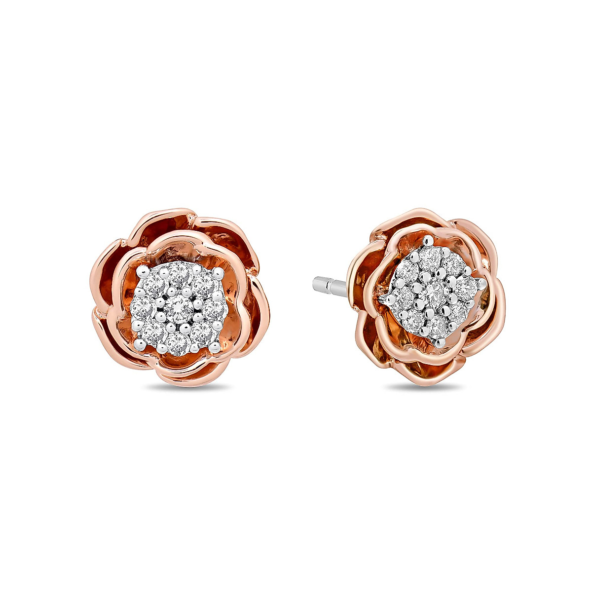Jewelili Enchanted Disney Fine Jewelry 14K Rose Gold over Sterling Silver 1/5 Cttw Diamond Belle Rose Stud Earrings