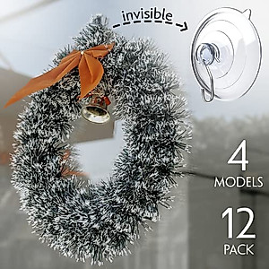 J-One Suction Cups with Hooks, 12 pcs Upgraded Window Suction Cups with Hooks Upgraded PVC Suction Cup with Stainless Steel Hook Removable, 4 Sizes Large Medium, Small Suction Cups with Hooks