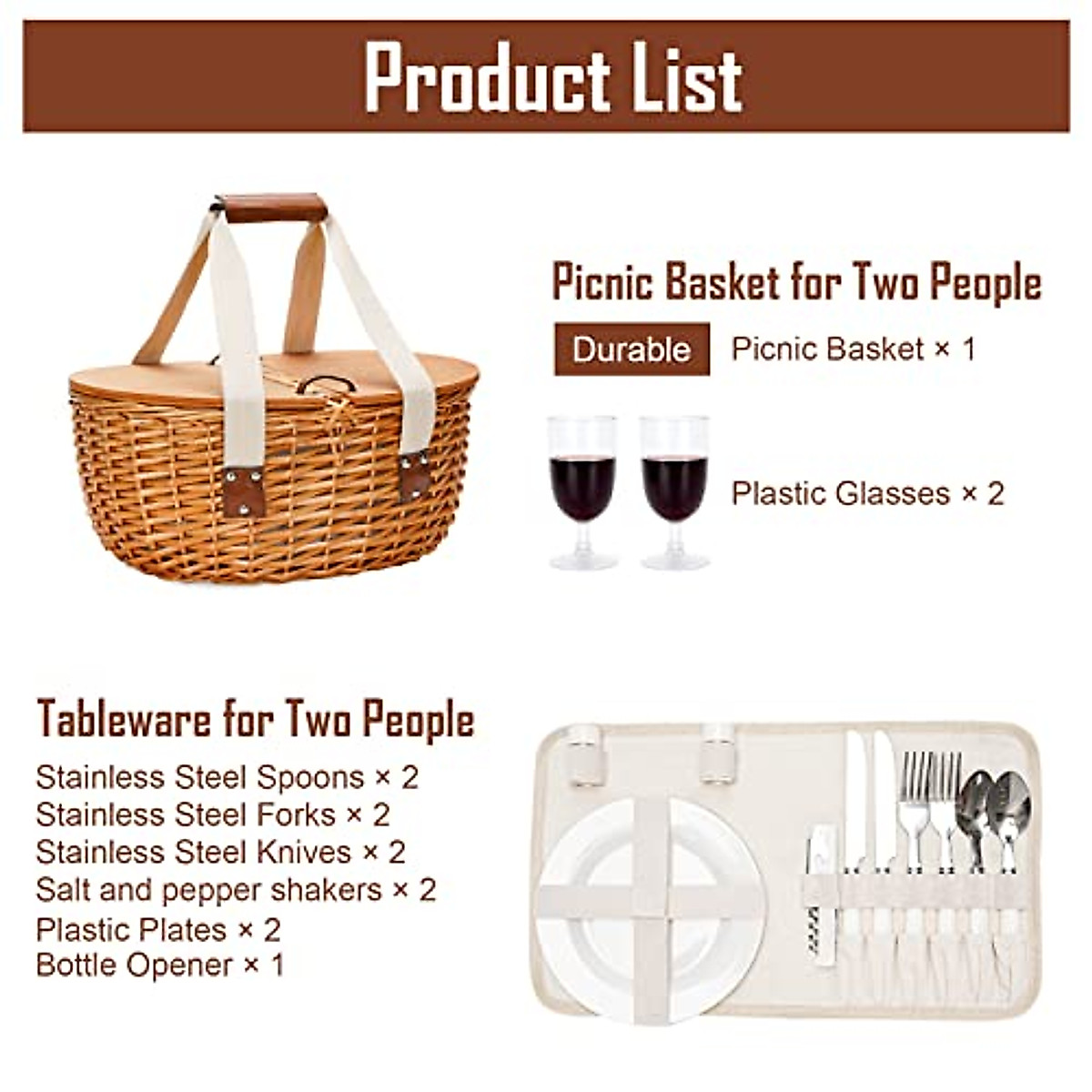 Picnic Basket Set for 2 with Insulated Cooler Bag and Cutlery Service Kits, Wooden Lids & Handles Willow Picnic Hamper Basket W/Lining for Camping, Party, Wedding, Halloween, Christmas (White)