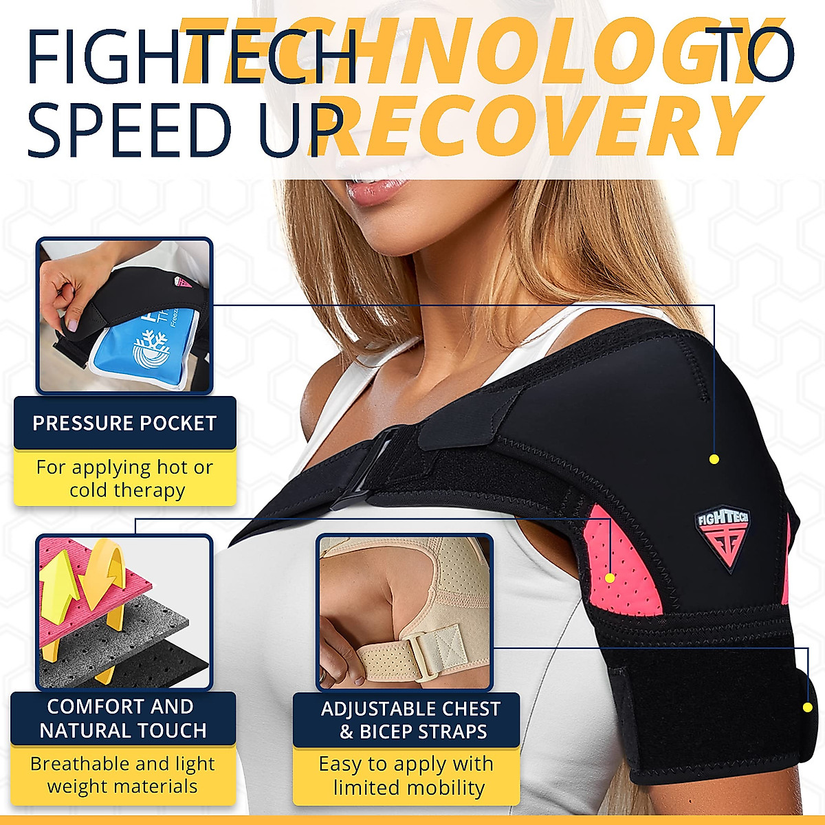 FIGHTECH Shoulder Brace with Reusable Hot and Cold Theraphy Gel Pack (Shoulder Brace X-Small, Pink)