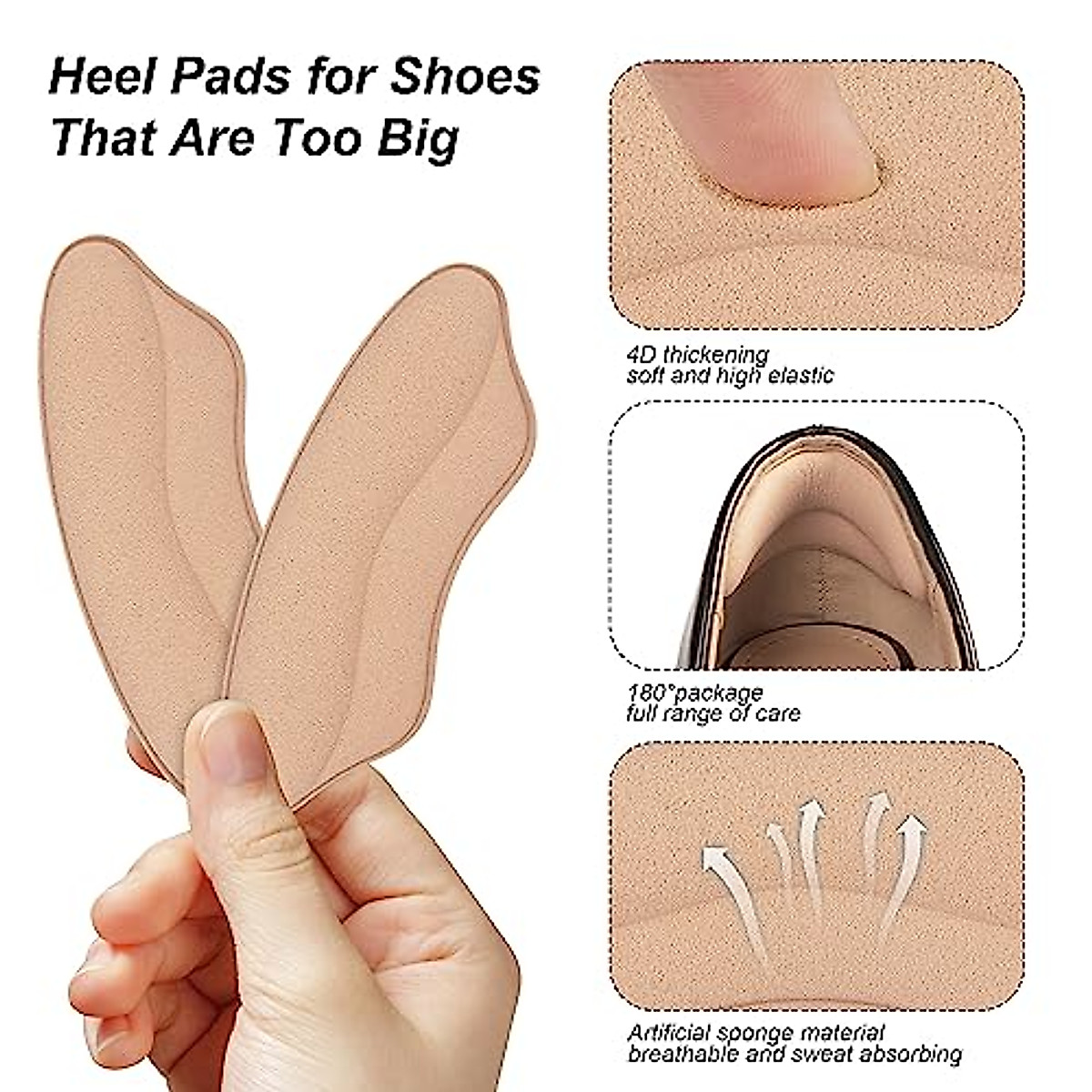 Heel Pads for Shoes That are Too Big - 4 Pairs Foamed Cotton Heel Cushions for Pain Relief & Tighter Fit - Heel Grips for Men Women's Shoes (Pale Apricot)