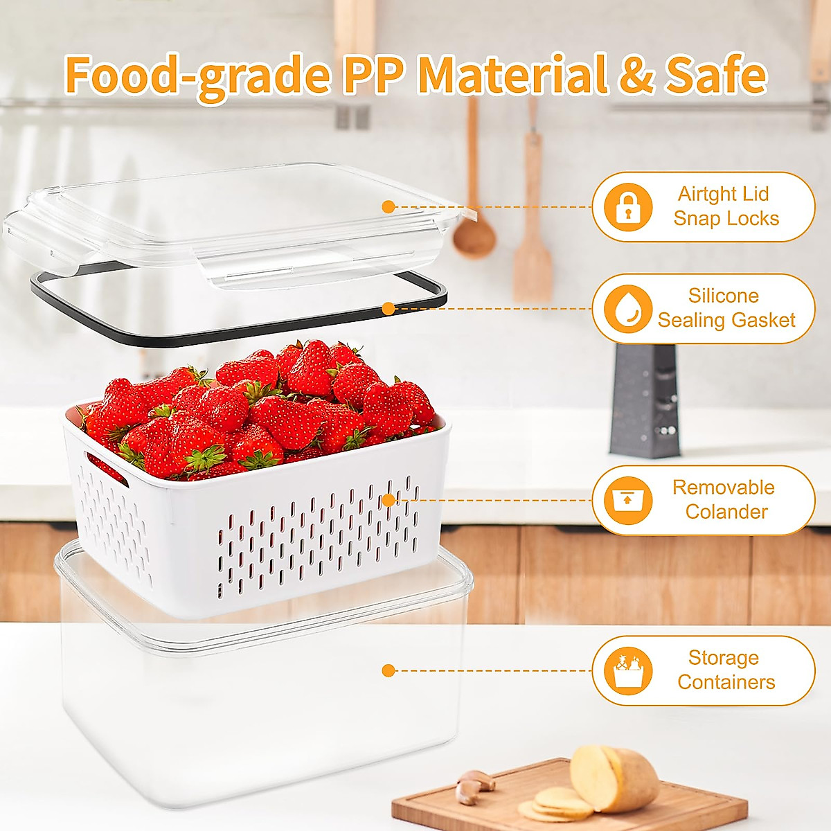 Fruit Storage Containers for Fridge,Produce Saver Containers for Refrigerator with Drain Colander,Food Storage Container,Dishwasher&Microwave Safe,Keep Fruits,Vegetables,Berry,Meat Fresh longer 6Pack.