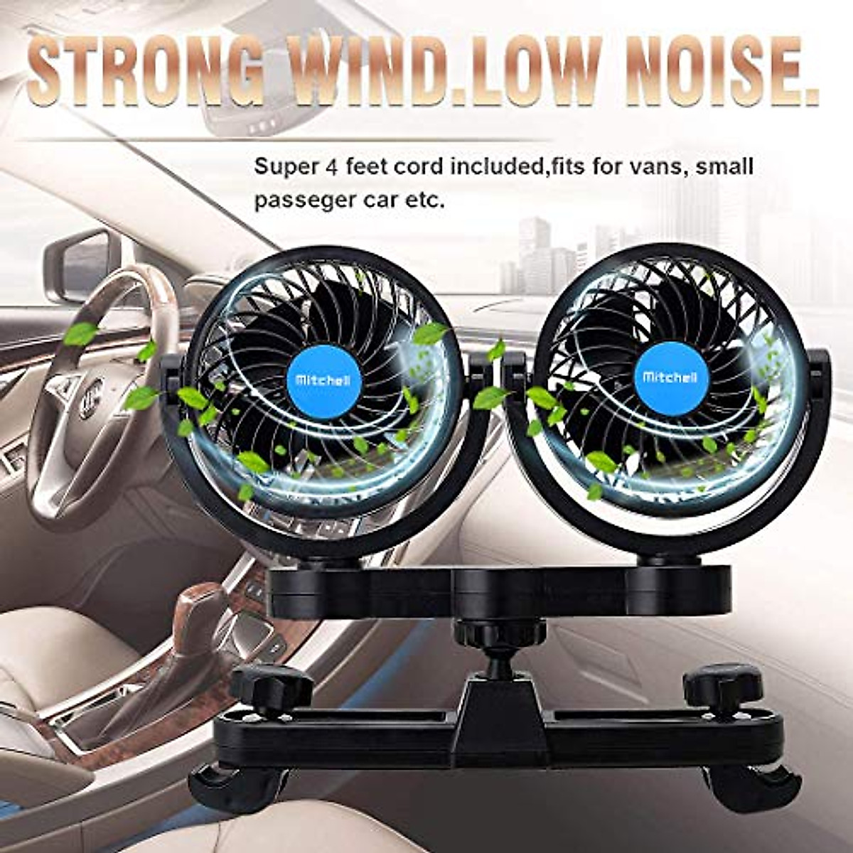 QIFUN Electric Car Fans for Rear Seat Passenger Portable Car Seat Fan, 4 Inches 12V Headrest 360° Rotatable Backseat Car Cooling Air Fan with Cigarette Lighter Plug for Vehicles, SUV, RV, Boat