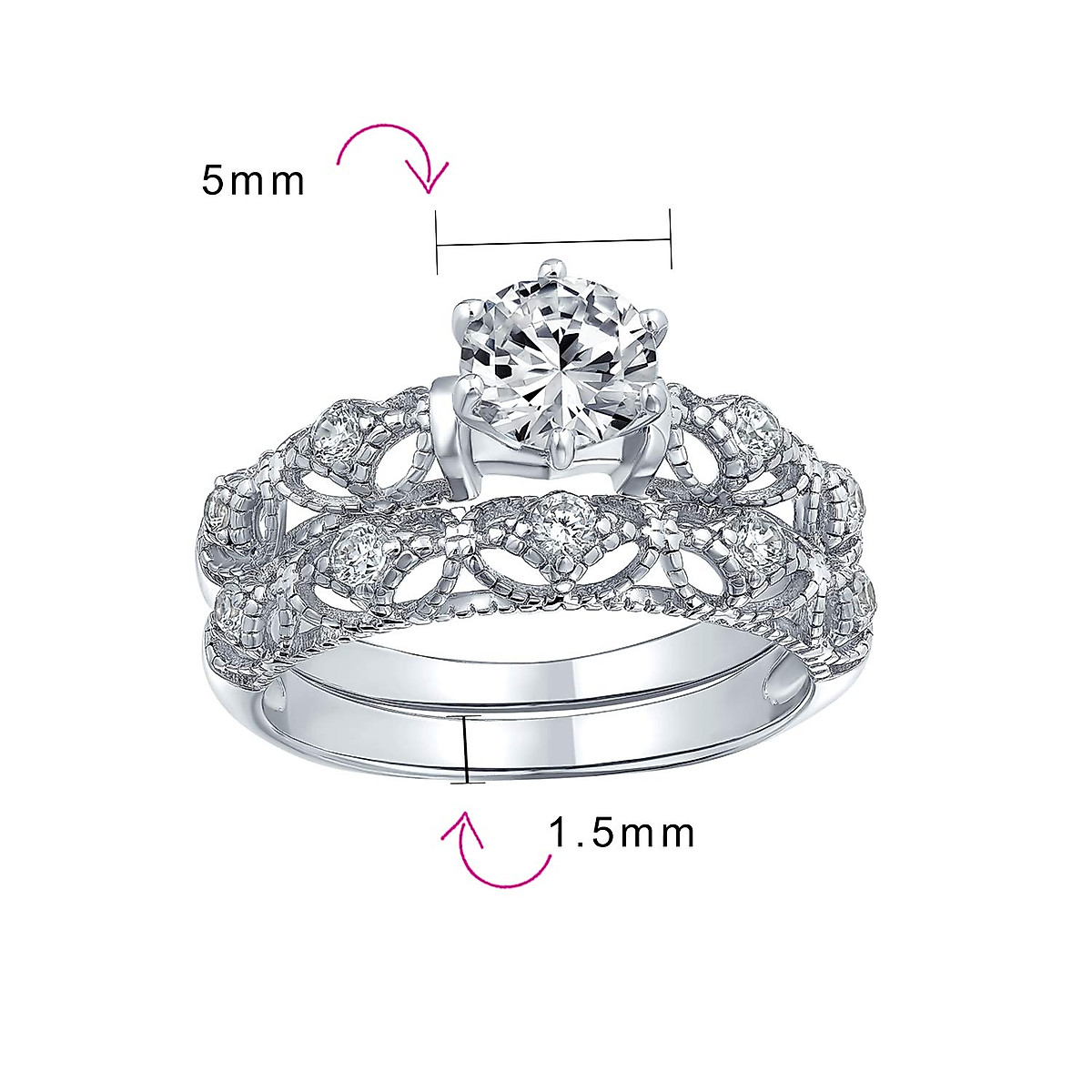 Bling Jewelry Silver Vintage Style .75ct CZ Engagement Wedding Ring Set ,5