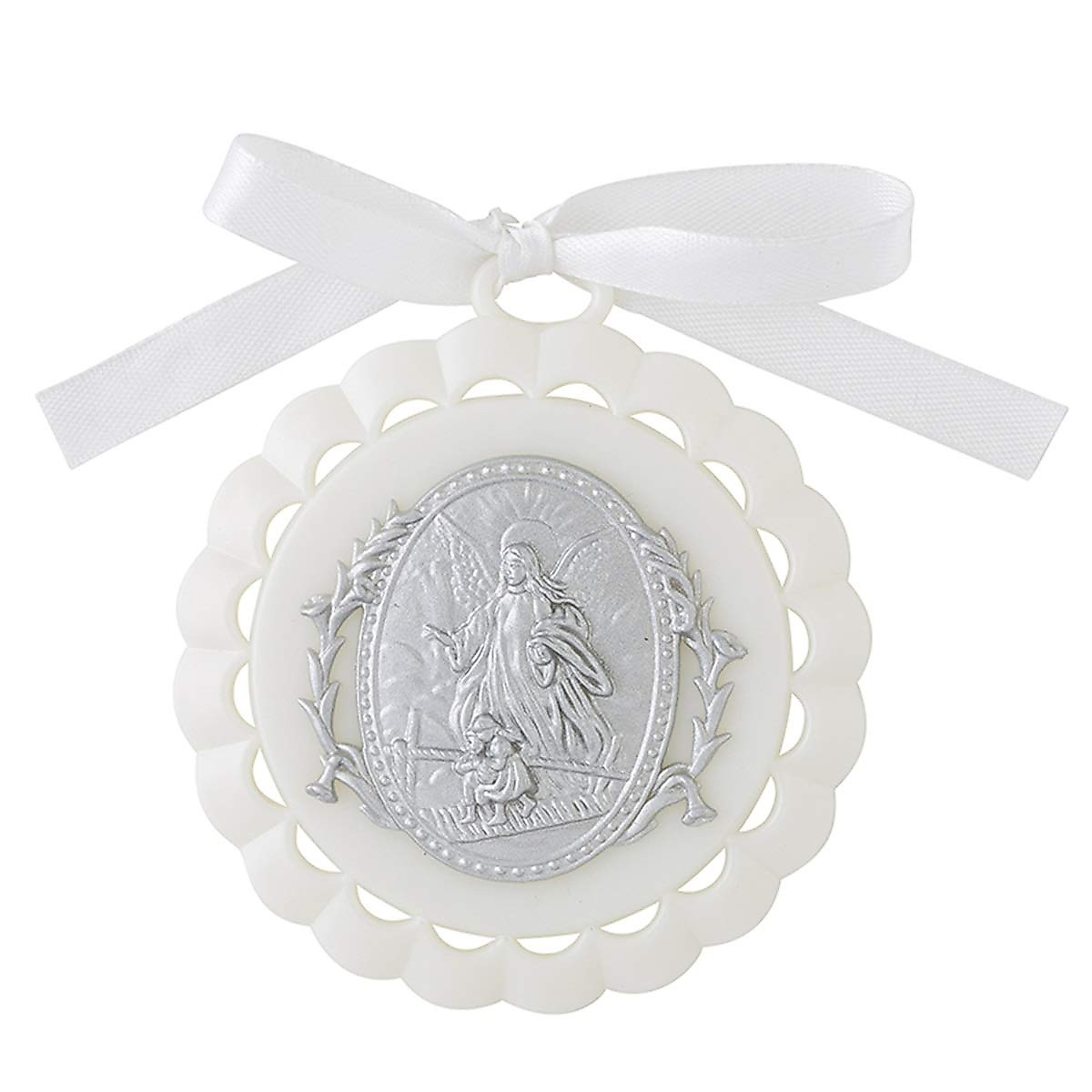 Moulded Crib Medal with Guardian Angel for Baby Nursery Room Decor, 3 1/4 Inch (White)