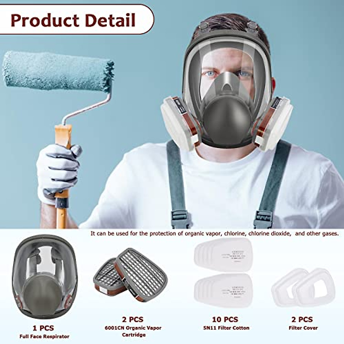 Full Face Respirator Mask, Reusable Full Face Cover, Wide Field of View & Eye Protection Gas Cover, Anti-fog Organic Vapor Mark for Painting, Welding, Polishing, Woodworking, Sanding, Car Spraying
