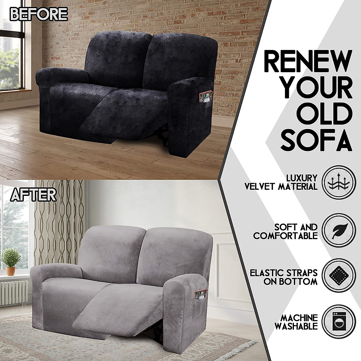 ULTICOR Reclining Love Seat Slipcover, 48" - 65" L, 6-Piece Velvet Stretch Loveseat Reclining Sofa Covers, 2 seat Love seat Recliner Cover, Thick, Soft, Washable (Light Grey)