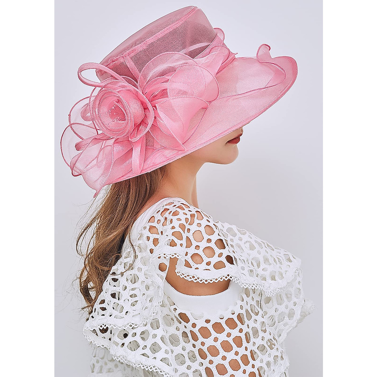 TLMNU Organza Fascinator Hat - Women¡¯s Wide Brim Church Bridal Tea Party Wedding Hat 03Rose