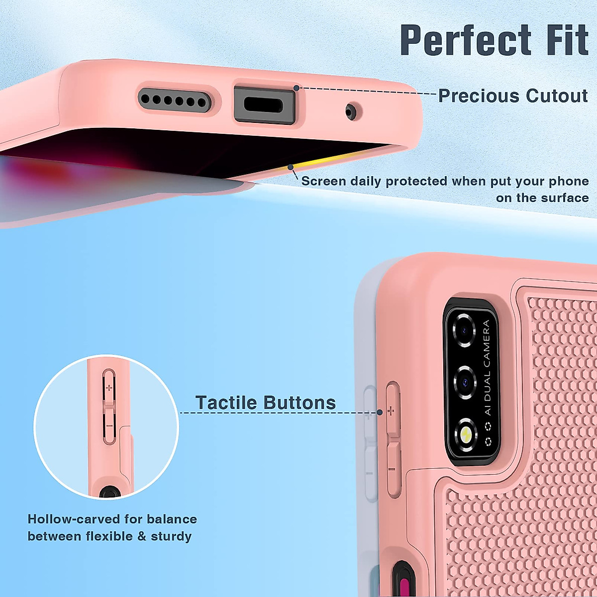 JXVM for T-Mobile REVVL V Phone Case 4G: Dual Layer Protective Heavy Duty Cell Phone Cover Shockproof Rugged with Non Slip Textured Back - Military Protection Bumper Tough - 6.52inch (Cute Pink)