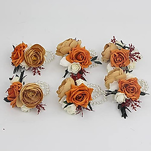 Rinlong 6Pcs Burnt Orange Wrist Corsage Wristlet Band Boho Bracelet Wrist Flowers Wedding Bride Bridesmaid Flower Accessories Decoration
