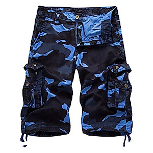 Men Relaxed Fit Camo Cargo Shorts Camouflage Multi Pockets Outdoor Short Pants Lightweight Loose Military Short (Blue,31)