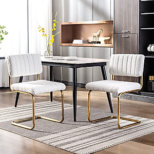 Zesthouse Mid Century Boucle Dining Chairs Set of 2, White Retro Kitchen Chairs with Gold Legs, Upholstered Armless Accent Chairs Side Chairs for Living Room