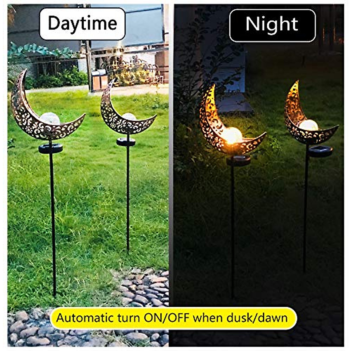Aubasic Solar Powered Garden Lights, 2 Pack Antique Brass Hollow-Carved Metal Moon with Warm White Crackle Glass Globe Stake Lights,Waterproof Outdoor for Lawn,Patio,Yard