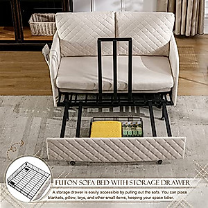 KINFFICT Pull Out Futon Sofa Bed, Convertible Small Loveseat Sleeper with Storage Drawer, 3 in 1 Futon Couch with Removable Pocket and 2 Pillows, Modern Love Seat for Living Room, Guest Room, Beige