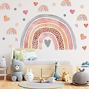 Whaline Large Boho Rainbow Wall Decals Watercolor Leopard Print Hearts Polka Dots Mural Stickers Peel and Stick Nursery Wallpaper Vinyl Decals for Home Farmhouse Girls Bedroom Decoration,47 x 35 Inch