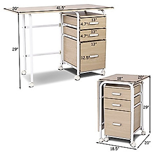 Tangkula Folding Computer Desk Wheeled Home Office Furniture with 3 Drawers Laptop Desk Writing Table Portable Dorm Apartment Space Saving Compact Desk for Small Spaces