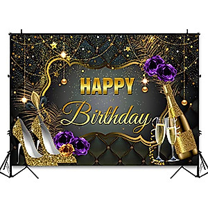 InMemory Black and Gold Happy Birthday Backdrop Banner for Women Sequin High Heel Champagne Purple Bday Photography Background for Adult Queen Birthday Party Decor Supplies Photo Booth Backdrops 5x3ft