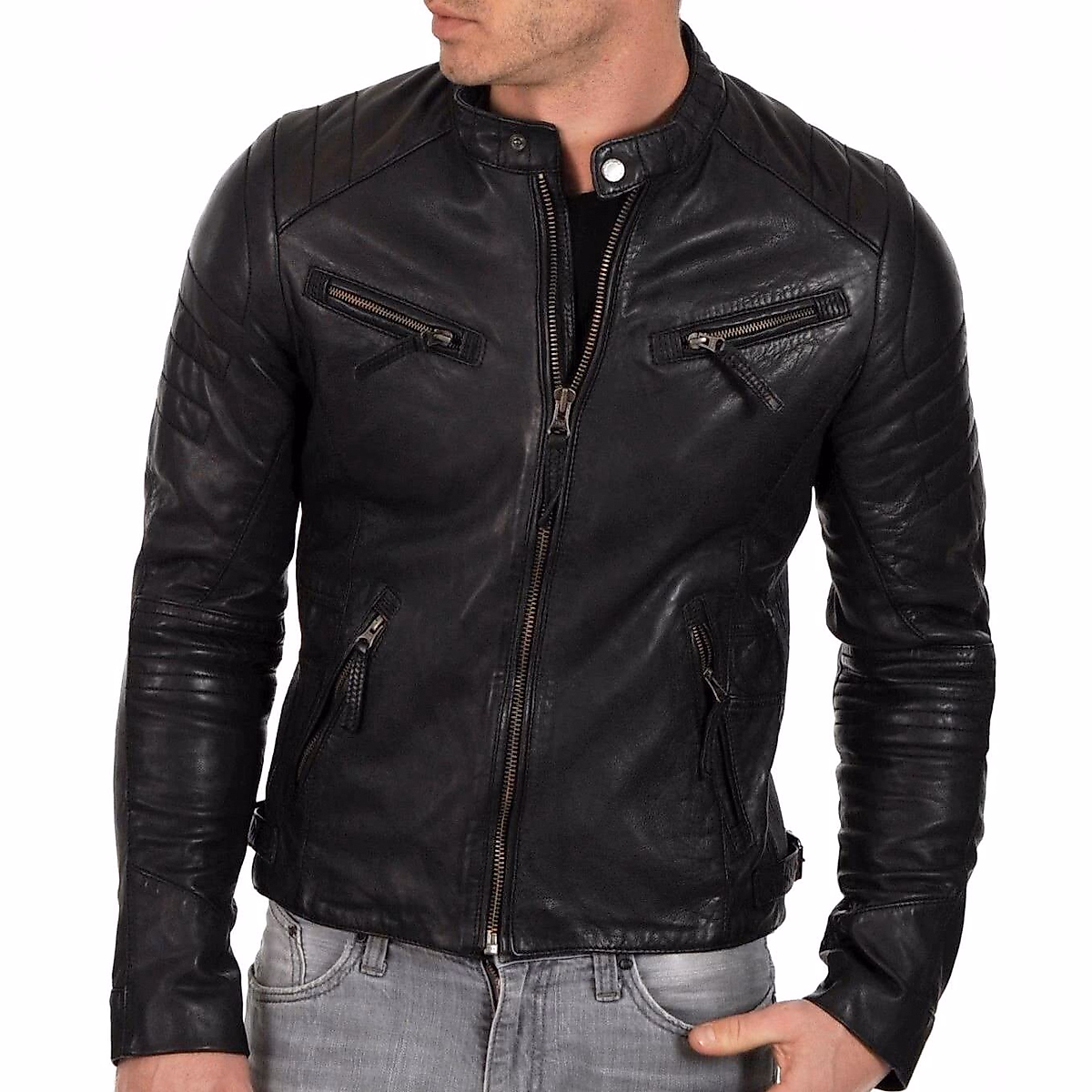 DECIMAL Men's Black & BROWN Genuine Lambskin Leather Biker Jacket VINTAGE REAL MOTORCYCLE JACKETS FOR MEN (L, BLACK)
