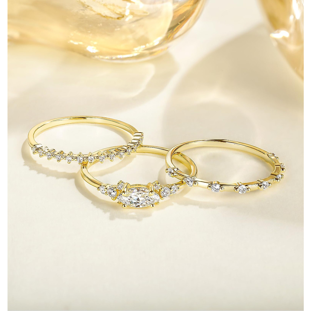 TIGRADE 1.5mm 14K Gold Plated Stacking Rings for Women Fashion Knuckle Thin Gold Ring Marquise & Round Cubic Zirconia Statement Ring Size 3-13, 3PCS, Size 7