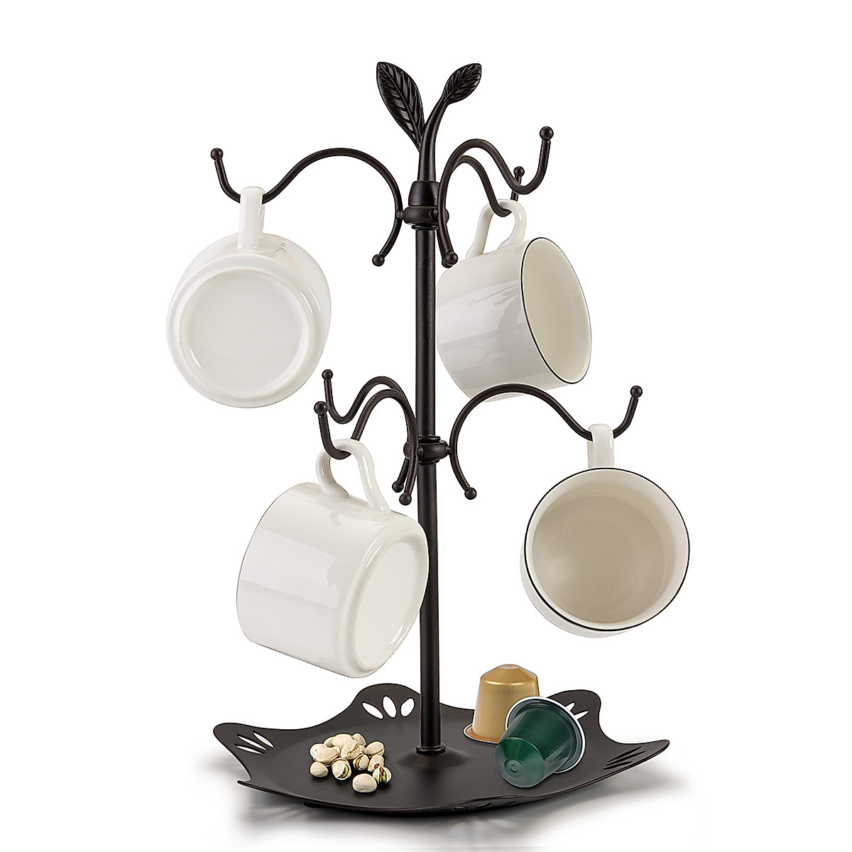 Coffee Mug Holder for Large Mugs, Mug Tree for Counter, Coffee Cup Holder for Countertop, Mug Rack with Tray, Metal Coffee Mug Tree with 6 Hooks, Coffee Counter Bar Accessory & Kitchen Home Organizer