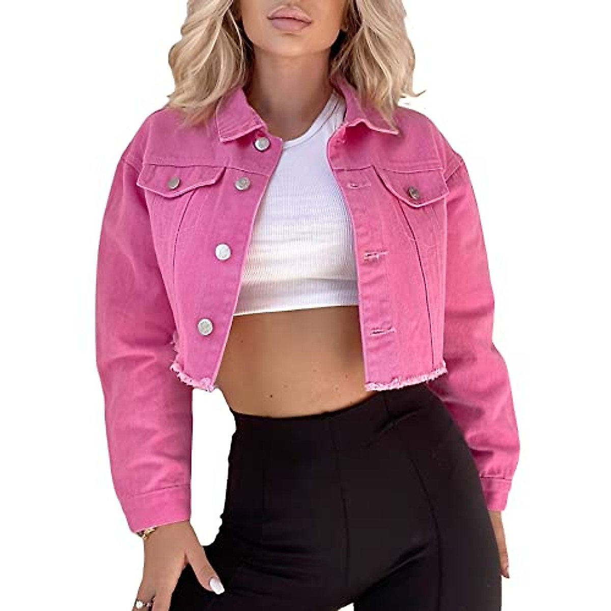 Floerns Women's Button Front Ripped Crop Denim Jacket Coat Pink M