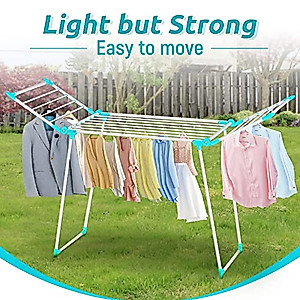 YUBELLES Clothes Drying Rack, Gullwing Laundry Rack, Collapsible, Space-Saving Laundry Rack, with Bonus Sock Clips, for Clothes, Towels, Linens, Indoor/Outdoor, Cyan