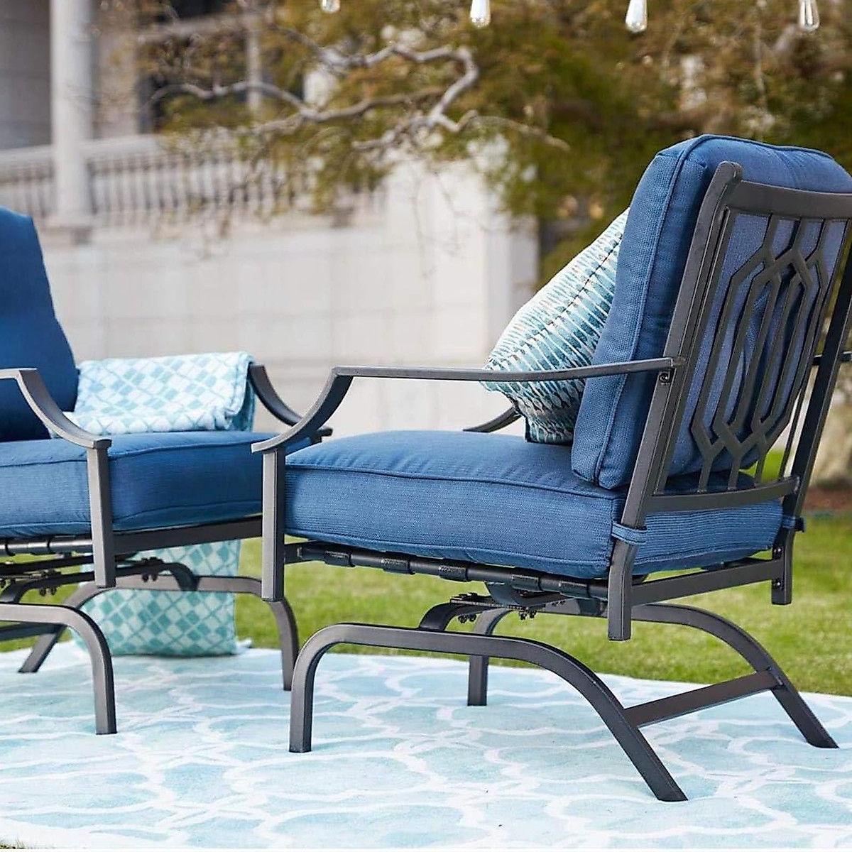 Top Space Rocking Patio Chairs Outdoor Metal Furniture Motion Spring Chair Black Dining Bistro Set with Padded Cushion for Garden Balcony Porch