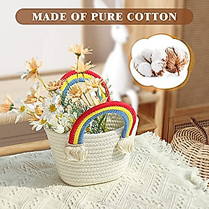 Rainbow Little Girl Basket Cute Mini Basket Small Handle Basket Girl's Handbag Basket 9.5 "*9.5" *5.5 "Fashion cotton basket with tassel Empty Gift Basket Handmade Pure cotton White Bohemian Style