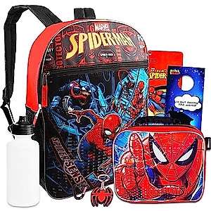Marvel Spiderman Backpack with Lunch Box Set - Spiderman Backpack for Boys 4-6, Spiderman Lunch Box, Water Bottle, Stickers, More | Spiderman Backpack for Kids