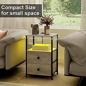 Tohomeor Nightstand with Charging Station USB Outlet and LED Light End Table Dresser with 2 Fabric Drawers Open Storage Shelf for Bedroom Living Room Sofa Beside (2, Greige)