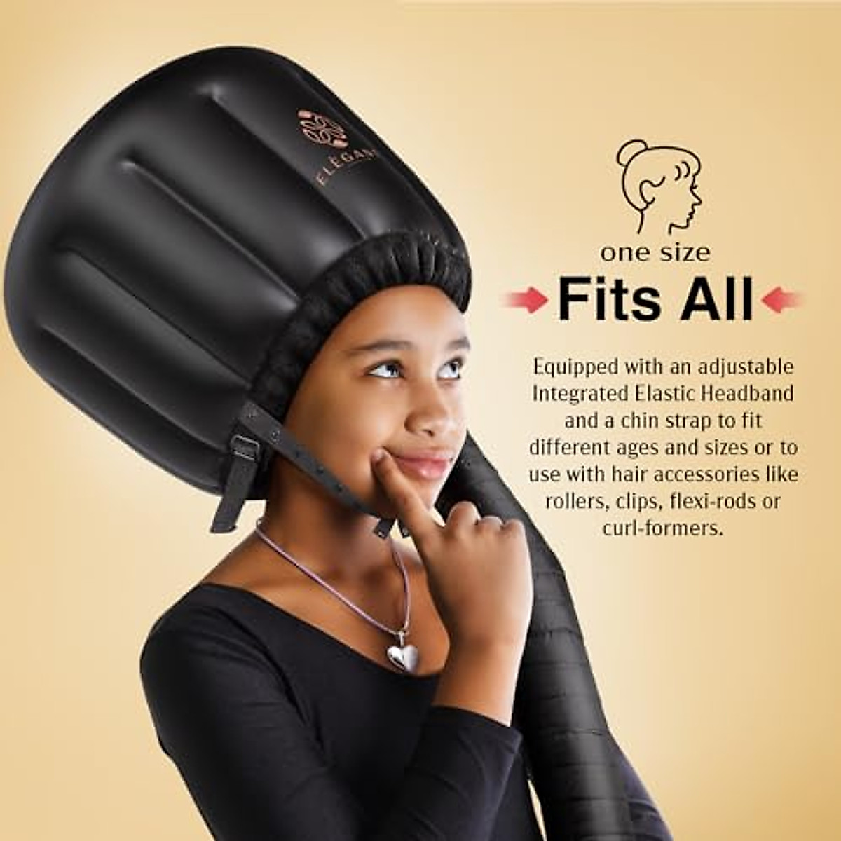 Eleganty Bonnet Hairdryer Attachment with Integrated Elastic Headband That Reduces Heat Around Ears & Neck - Hooded Hair Dryer Diffuser Cap, Used for Deep Conditioning and Hair drying (shiny black)