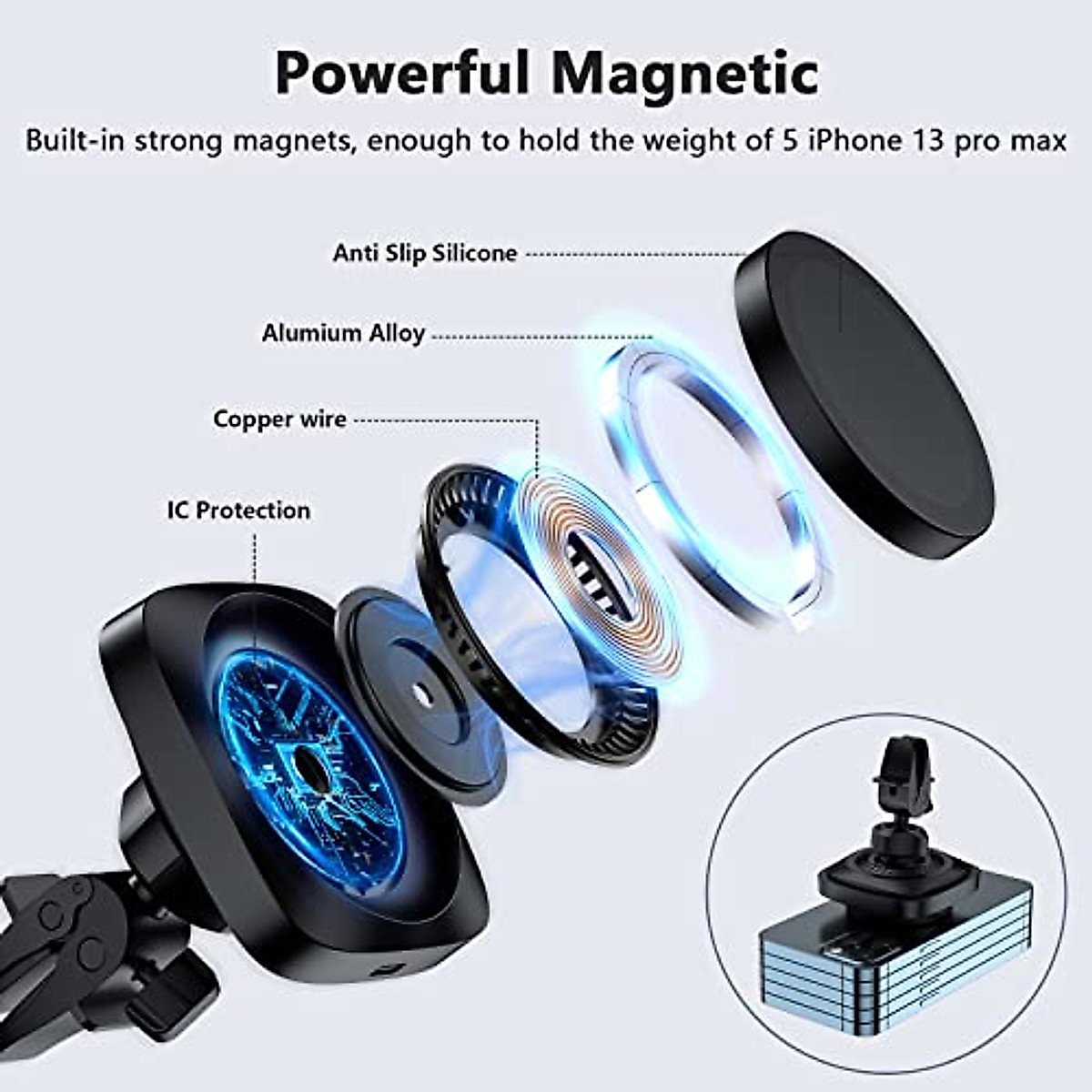 YACAISI Magnetic Wireless Car Charger Mount Mag Safe Car Charger for iPhone 14/13/12 Series Phones Charging Air Vent Magnet Car Phone Mount Holder for Caseless, Magnetic Cases and Mag Safe Case