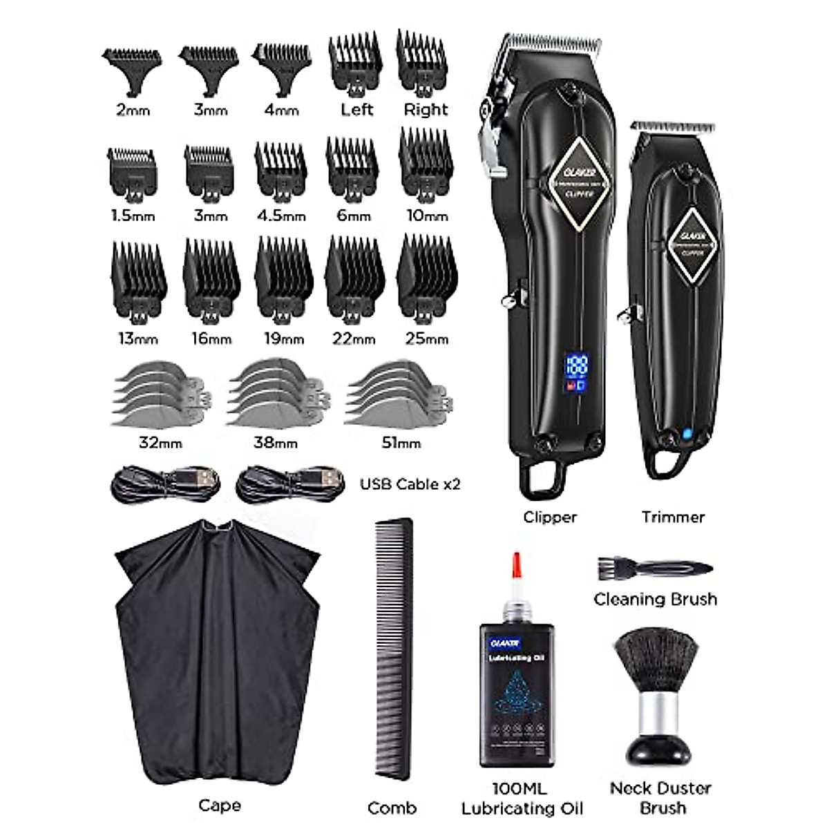 GLAKER Professional Hair Clippers and Trimmer Kit, Cordless Mens Hair Clippers for Men Women Kids, Barber Clippers Fading Clippers Rechargeable with 18PCS Guards