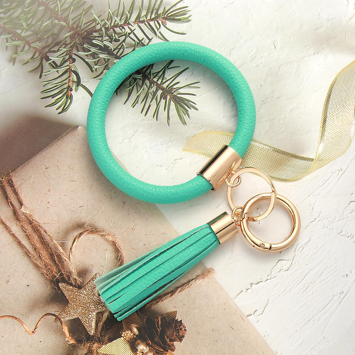 Coolcos Key Ring Bracelets Wristlet Keychain Bangle Keyring - Large Circle Leather Tassel Bracelet Holder For Women Gift(Turquoise Blue)