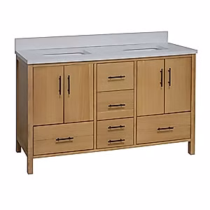 Kitchen Bath Collection California 60-inch Double Bathroom Vanity (Matte White/Blonde): Includes Blonde Cabinet with Matte White Countertop and White Ceramic Sinks