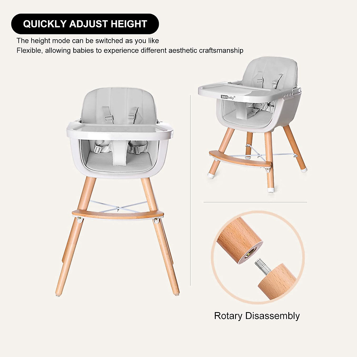 High Chair with Adjustable Legs, Baby High Chairs with Tray for Babies and Toddlers, Removable and Washable BPA-Free Plastic Dinner Plate, Durable Wooden High Chair - Best for 6-36 Months