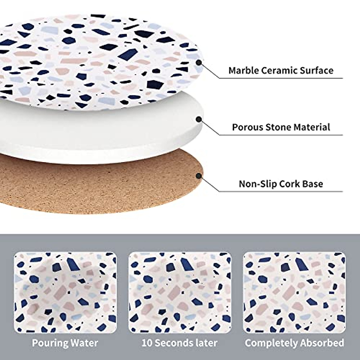 Coasters with Holder, Absorbent Coasters by DSNDVES, Set of 6 Ceramic Coasters, Marble Style Drink Coasters with Cork Base, Bar Coasters, Round Stone Coasters for Table Protection Terrazzo 34