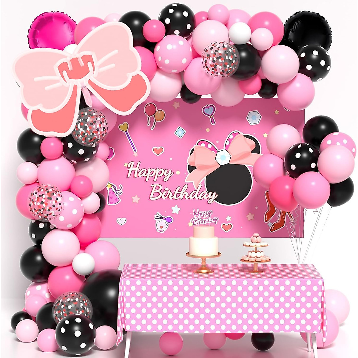 Pink Mouse Birthday Decorations of Pink Mouse Balloon Arch Kit with Backdrop & Tablecloth - Mouse Balloon Garland Different Sizes 5 12 Inch Pink Black Balloons for Girls Baby Shower Birthday Decor
