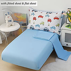 KINBEDY 4 Pieces White Toddler Bedding Sets for Boys Cars Blue Bed Sheets Set Cartoon Comforter Set for Baby Kids | Include Comforter, Flat Sheet, Fitted Sheet, Pillowcase