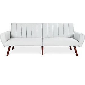 Giantex Futon Sofa Bed Folding Couch Convertible Mattress Premium Linen Upholstery and Wooden Legs (Gray)